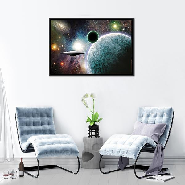 Aliens UFO In Deep Space Canvas Wall Art - Tiaracle