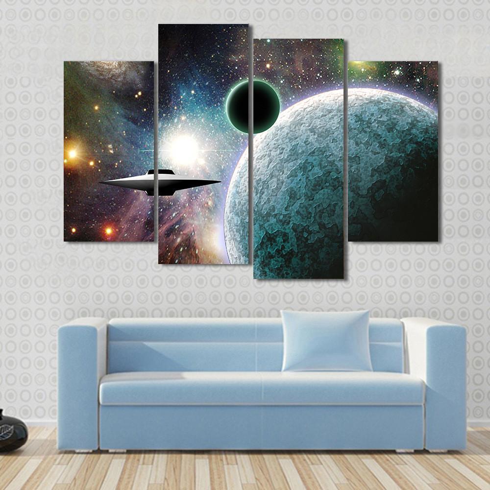 Aliens UFO In Deep Space Canvas Wall Art - Tiaracle