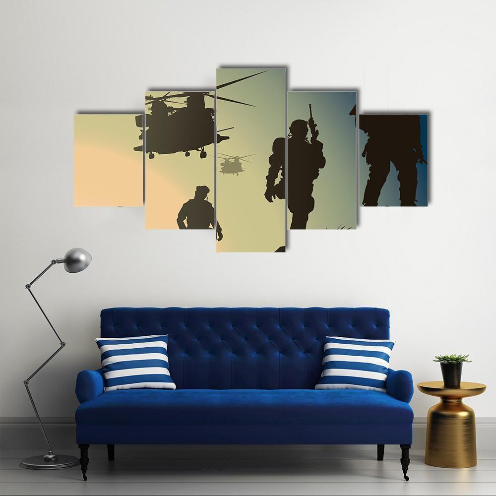 Army Soldiers with Three Helicopters at Dusk Canvas Wall Art - Tiaracle