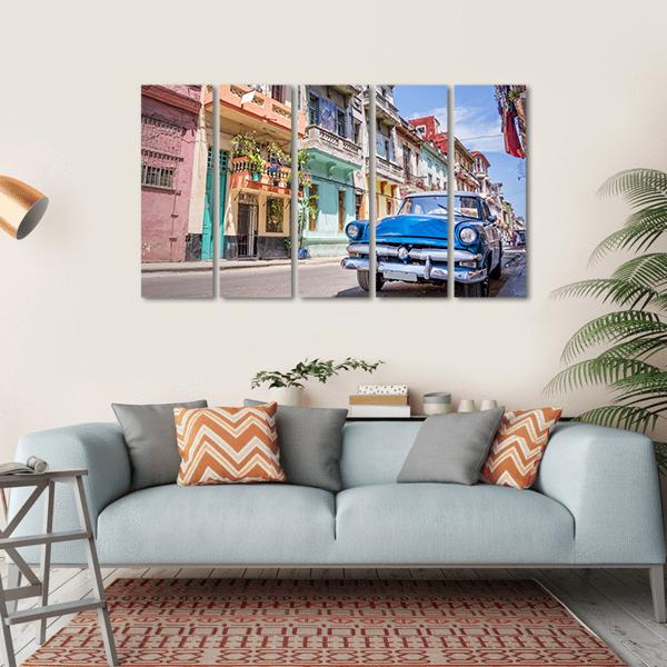 Blue Vintage Car on Cobblestone Street Canvas Wall Art - Tiaracle