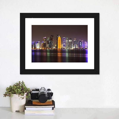 Doha Skyline At Night Panoramic Canvas Wall Art - Tiaracle