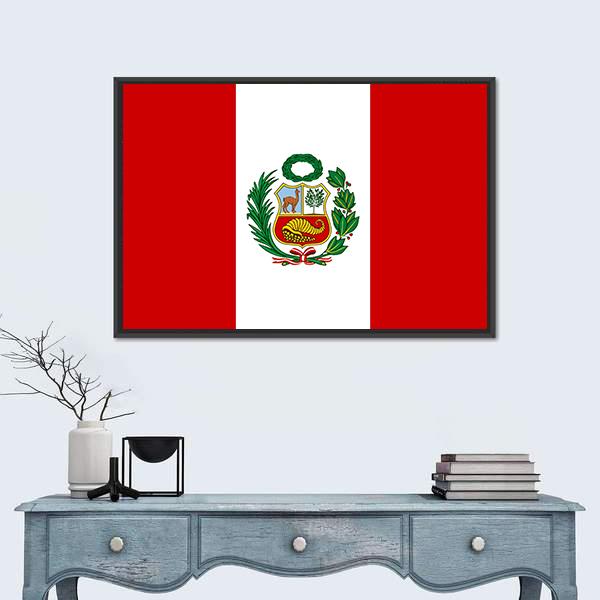 Peruvian Flag With National Emblem Canvas Wall Art - Tiaracle