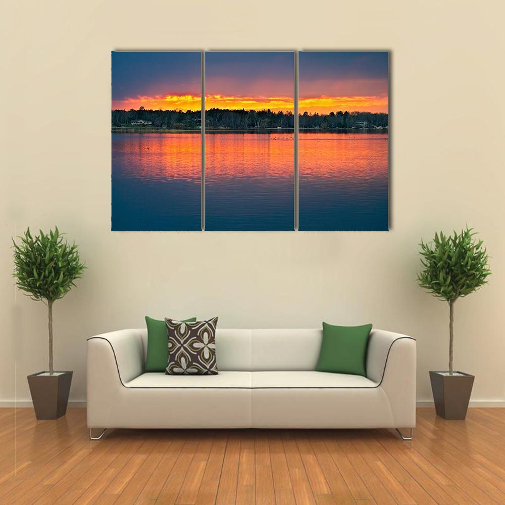 Sunset Over Lake with Forest Reflection Canvas Wall Art - Tiaracle