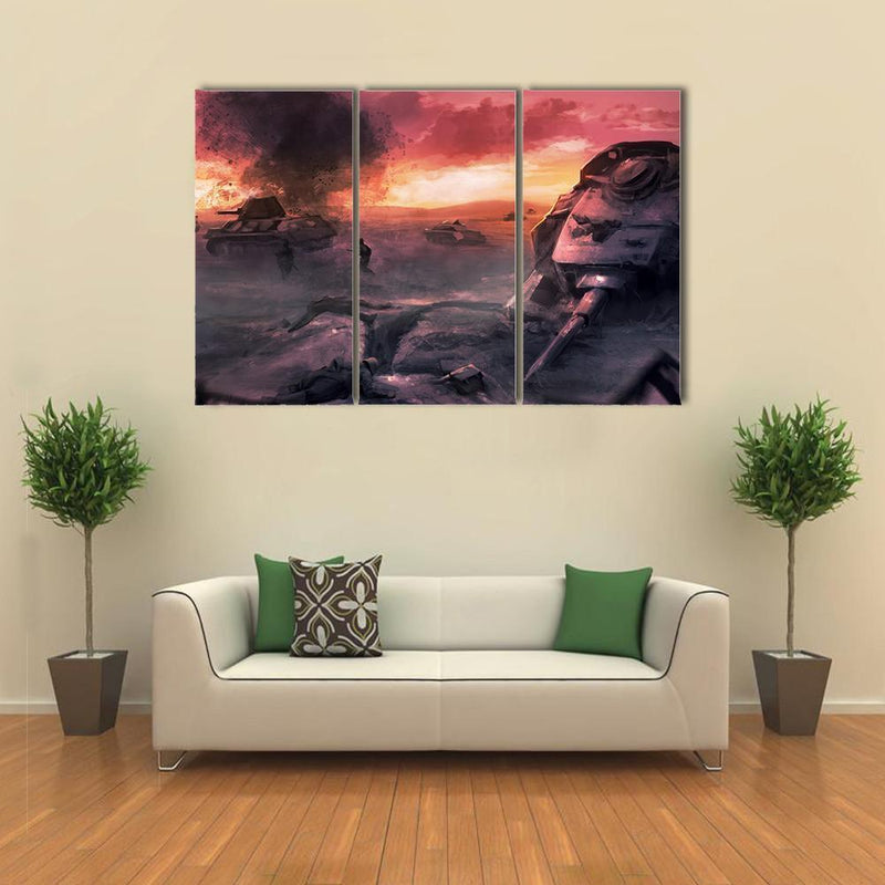 Tank Battle at Sunset Canvas Wall Art - Tiaracle