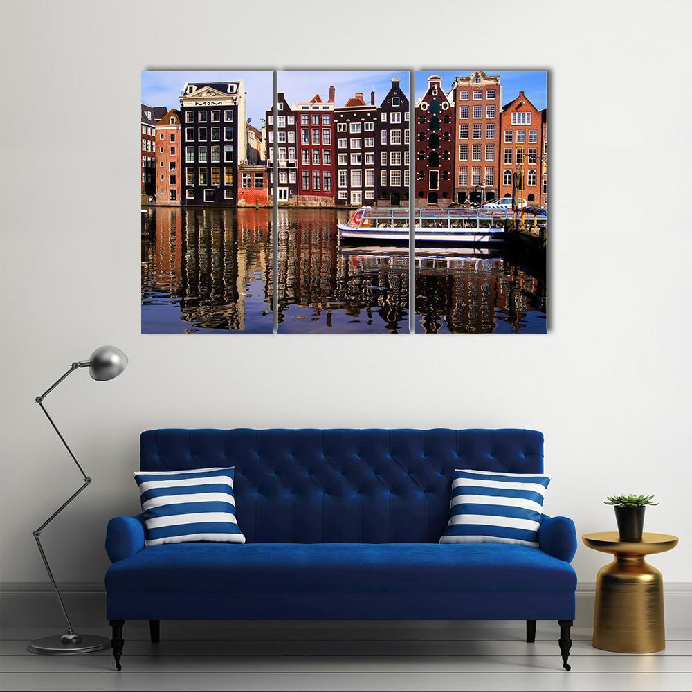 Canal View of Amsterdam's Traditional Houses Canvas Wall Art - Tiaracle