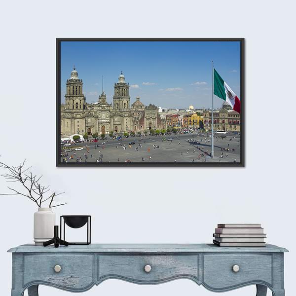 Zocalo Plaza with Cathedral and Mexican Flag Canvas Wall Art - Tiaracle