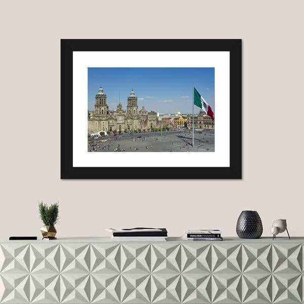 Zocalo Plaza with Cathedral and Mexican Flag Canvas Wall Art - Tiaracle