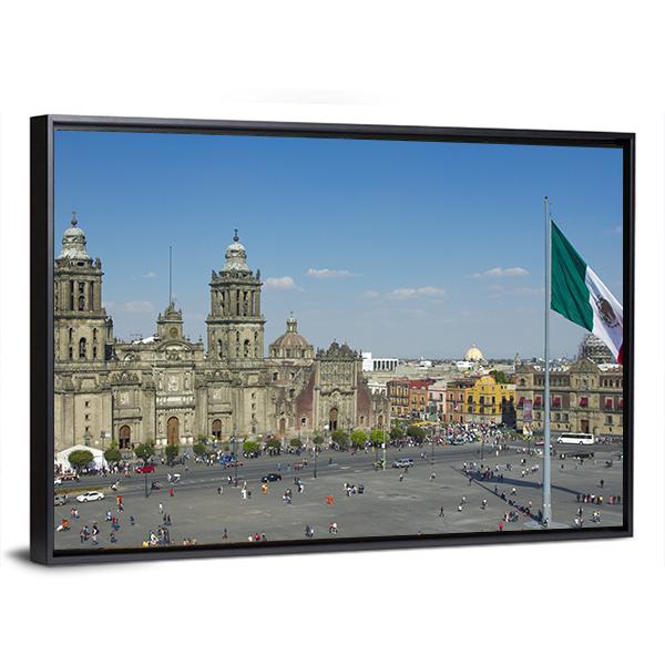 Zocalo Plaza with Cathedral and Mexican Flag Canvas Wall Art - Tiaracle