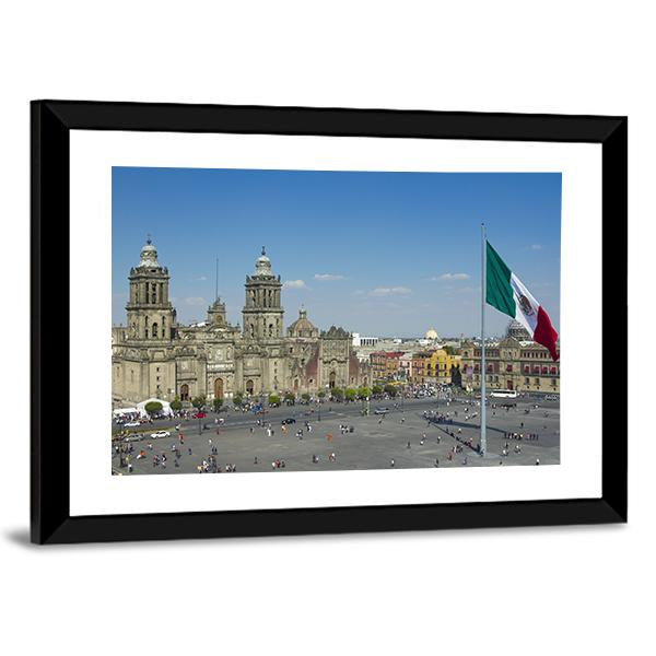 Zocalo Plaza with Cathedral and Mexican Flag Canvas Wall Art - Tiaracle