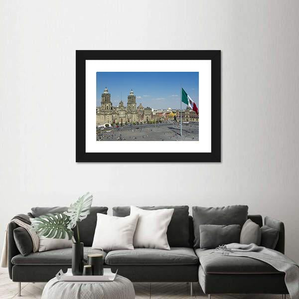Zocalo Plaza with Cathedral and Mexican Flag Canvas Wall Art - Tiaracle