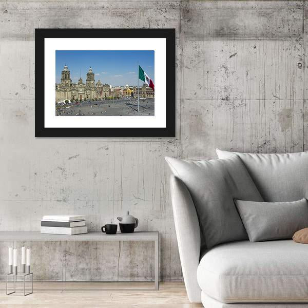 Zocalo Plaza with Cathedral and Mexican Flag Canvas Wall Art - Tiaracle
