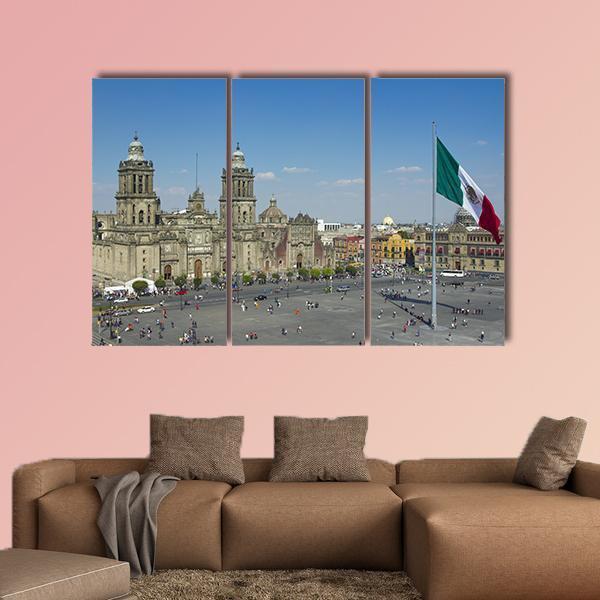 Zocalo Plaza with Cathedral and Mexican Flag Canvas Wall Art - Tiaracle